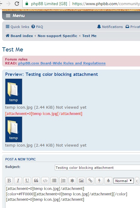 [PHPBB3-15130] Font Color bbCode Breaks on Lists & Attachments - phpBB Tracker